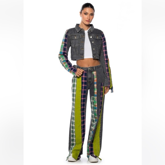 AKIRA | Jackets & Coats | Somethin New Plaid Detail Denim Jacket And ...
